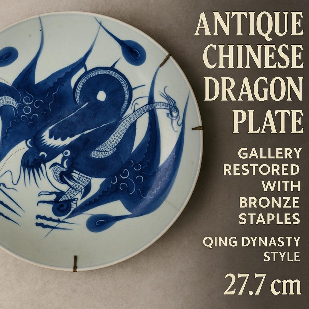 Antique Chinese Dragon Plate – Gallery Restored With Bronze Staples ...
