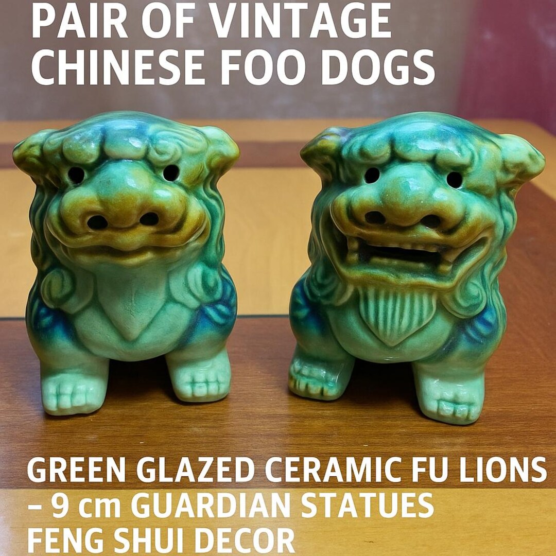 Pair of Vintage Chinese Foo Dogs – Green Glazed Ceramic Fu Lions – 9 Cm ...