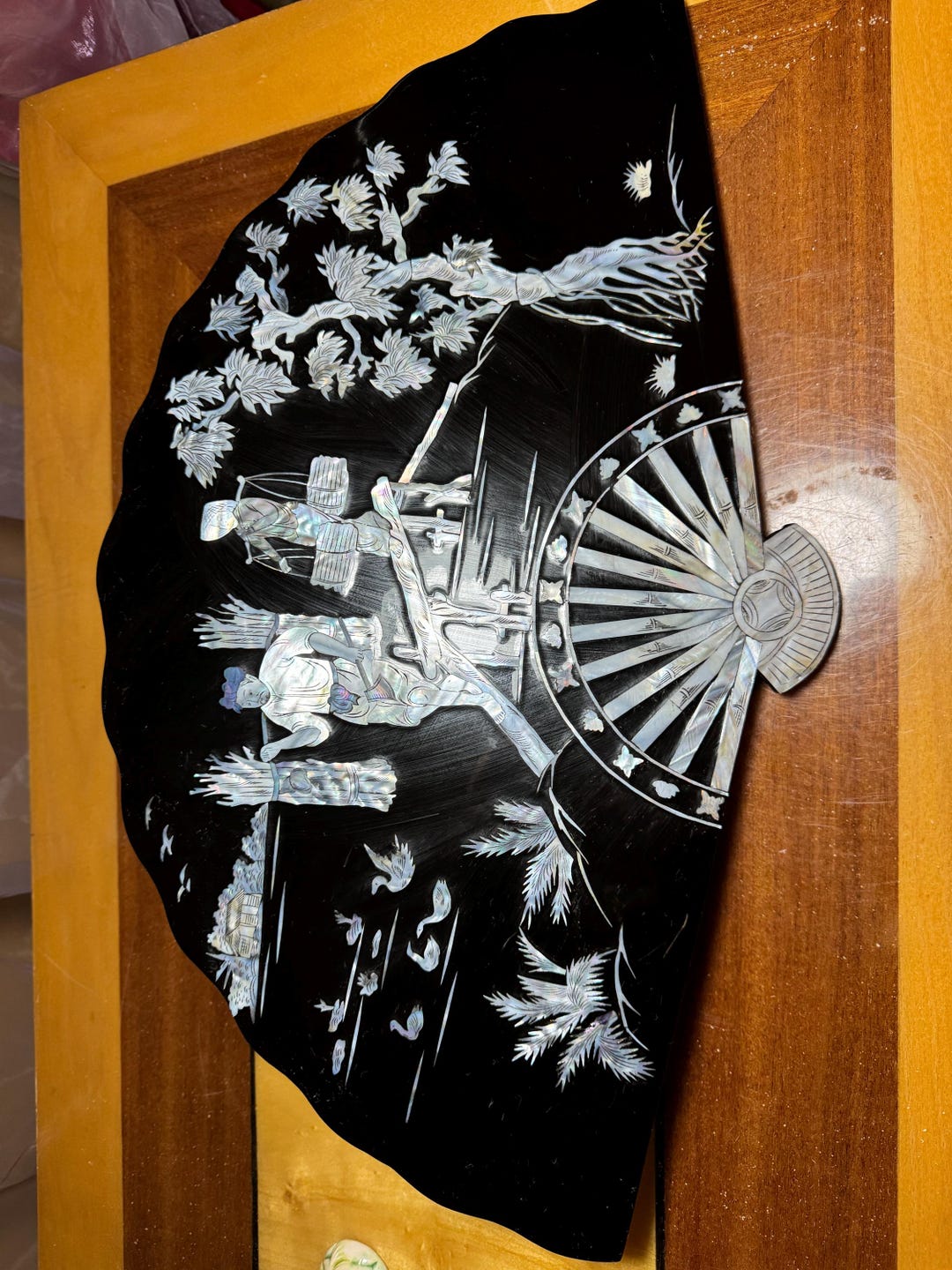 Large Chinese Lacquer Fan Inlaid With Mother of Pearl - Etsy