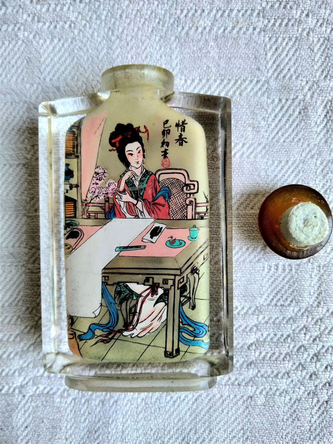GEISHA Writing a Letter and Sakura-hand Painted Antique Perfume Bottle ...