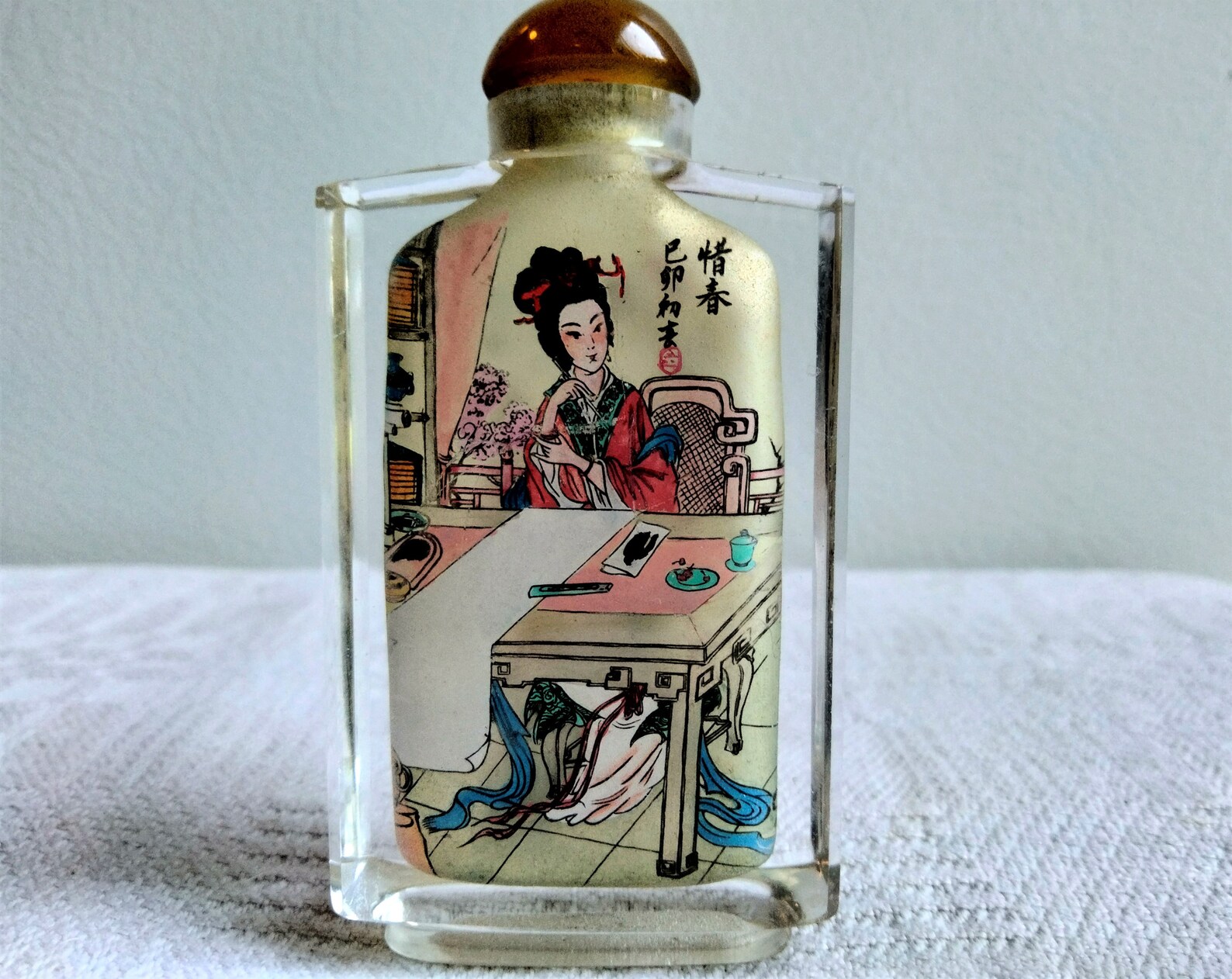 GEISHA Writing a Letter and Sakura-hand Painted Antique Perfume Bottle ...