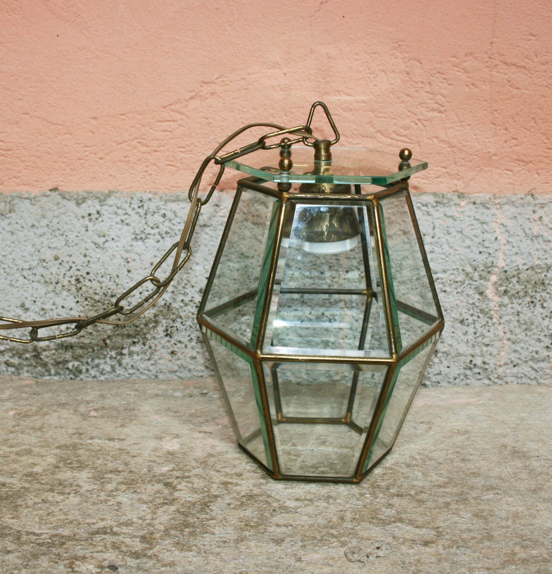 Vintage 50s Brass Hexagonal Chandelier With 12 Beveled Glass Panels, 1 ...