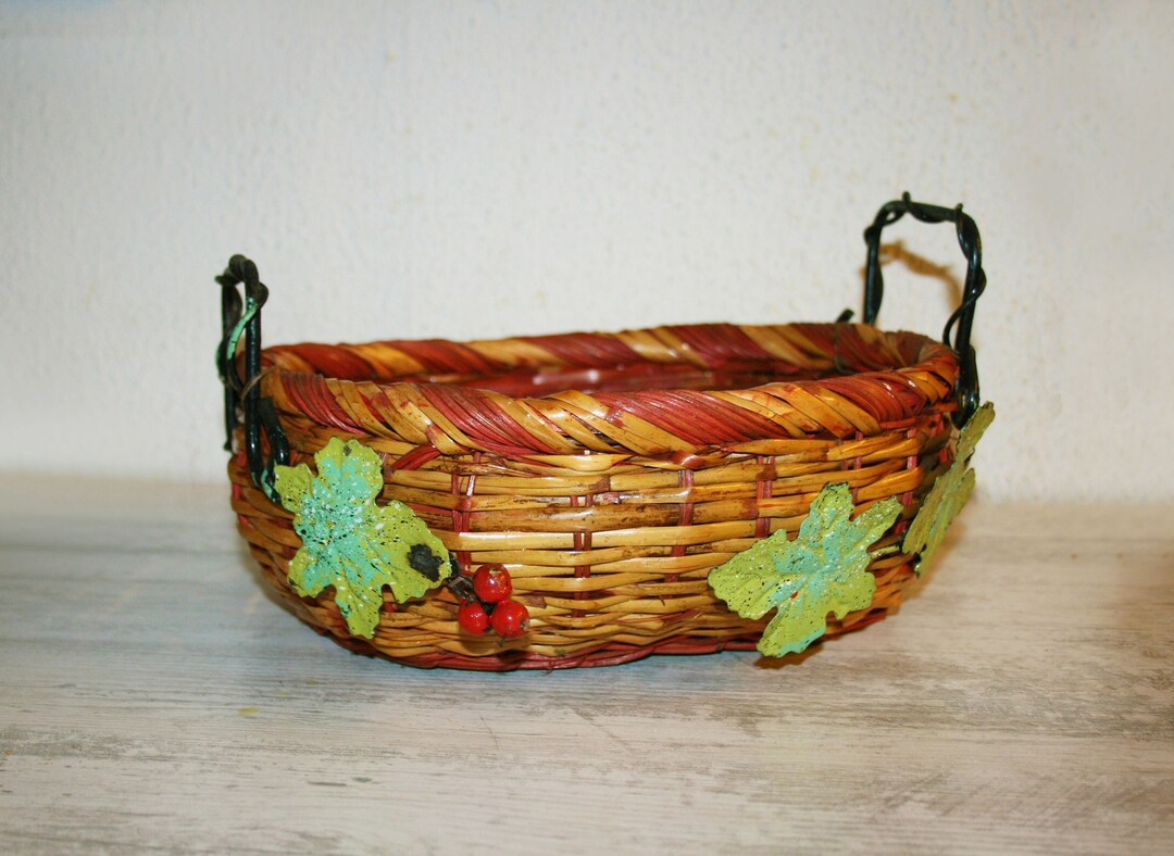 Wicker and Metal Basket, Leaves and Red Berries, Italian Vintage 90s ...