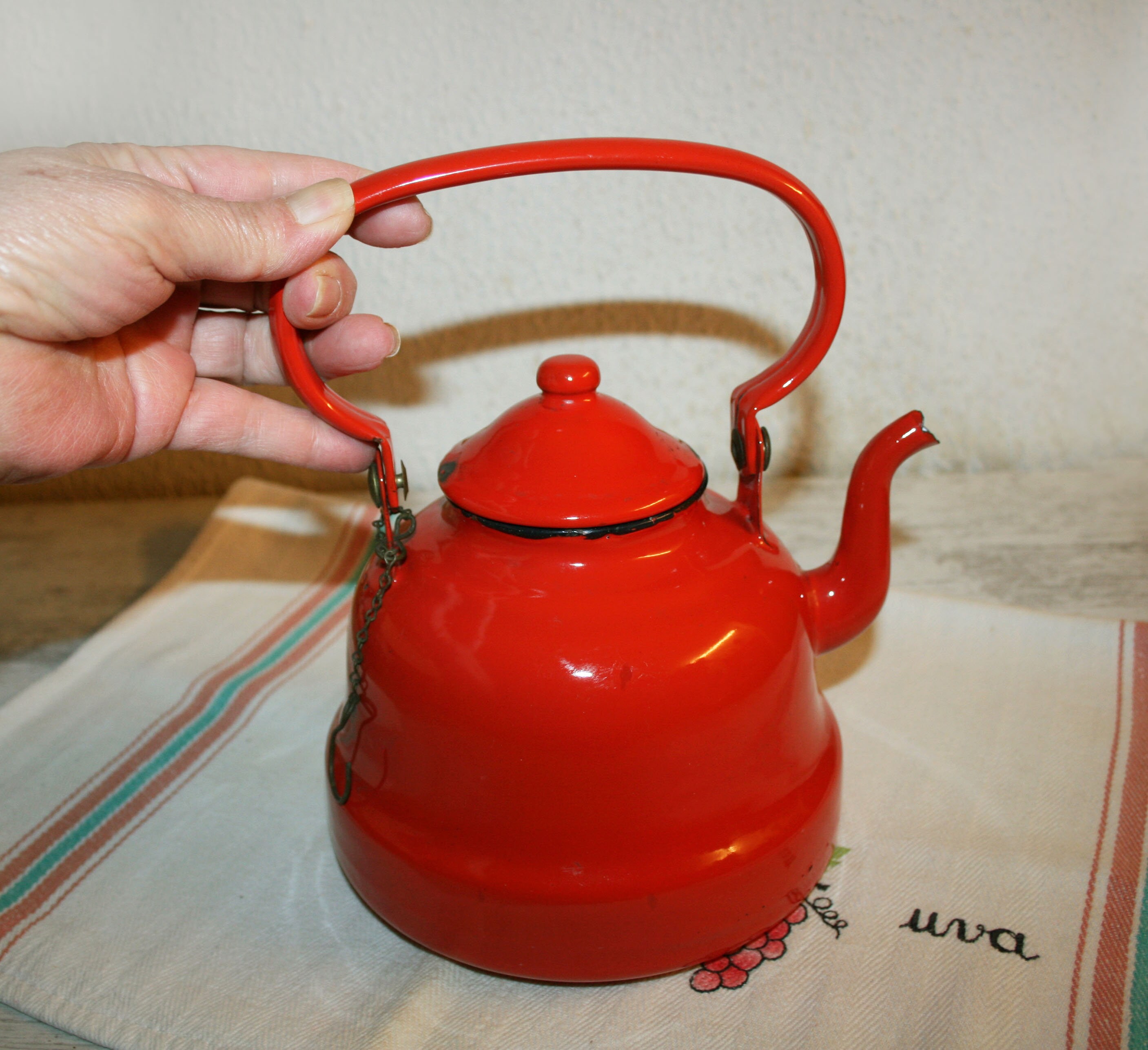 Vintage Enamel Red Kettle, Metal Teapot, Enamels, Coffee Pot, Farmhouse ...