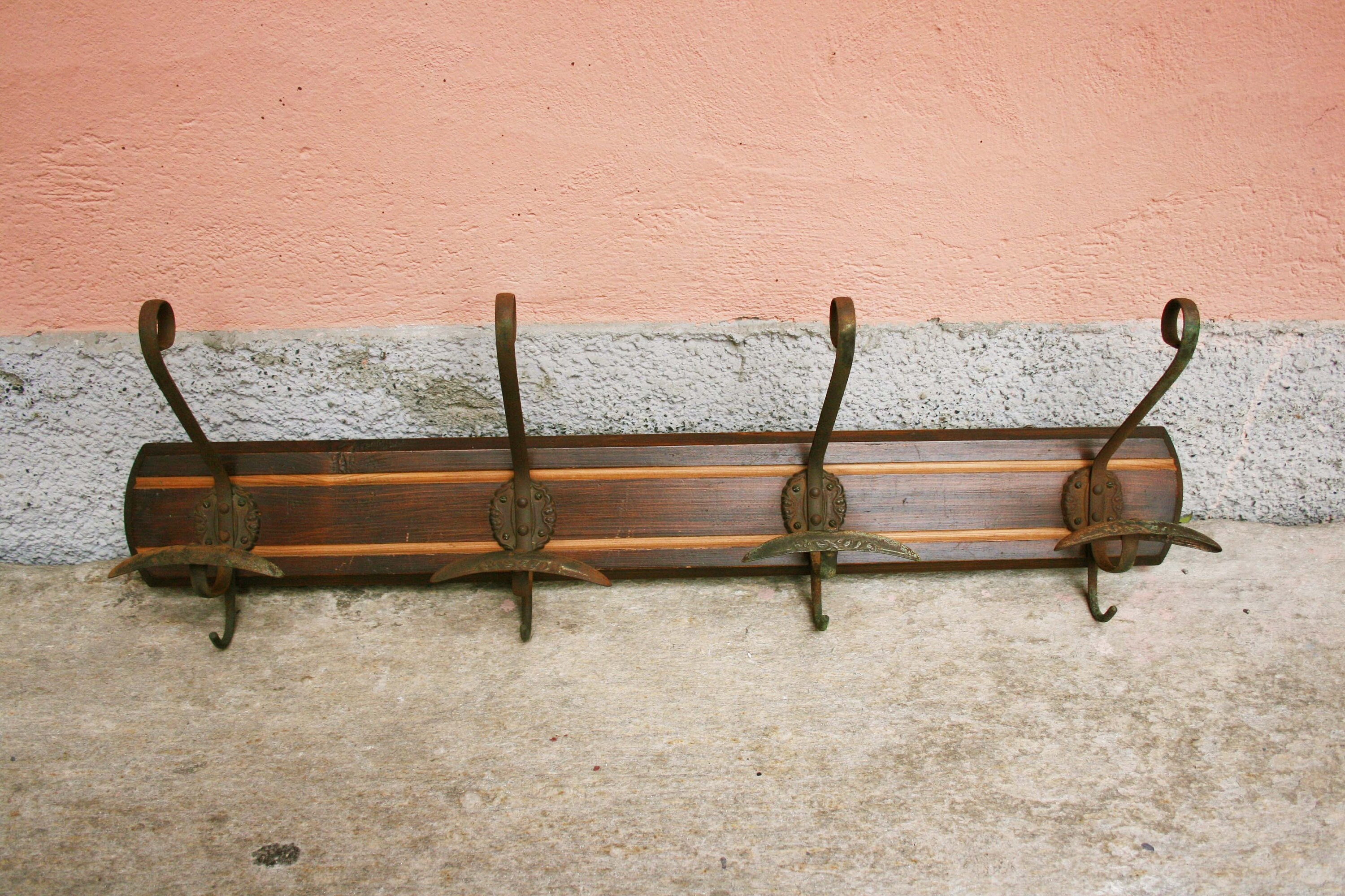 Antique 1930s Coat Rack, Handmade Wooden Coat Rack, Four Metal Hooks ...