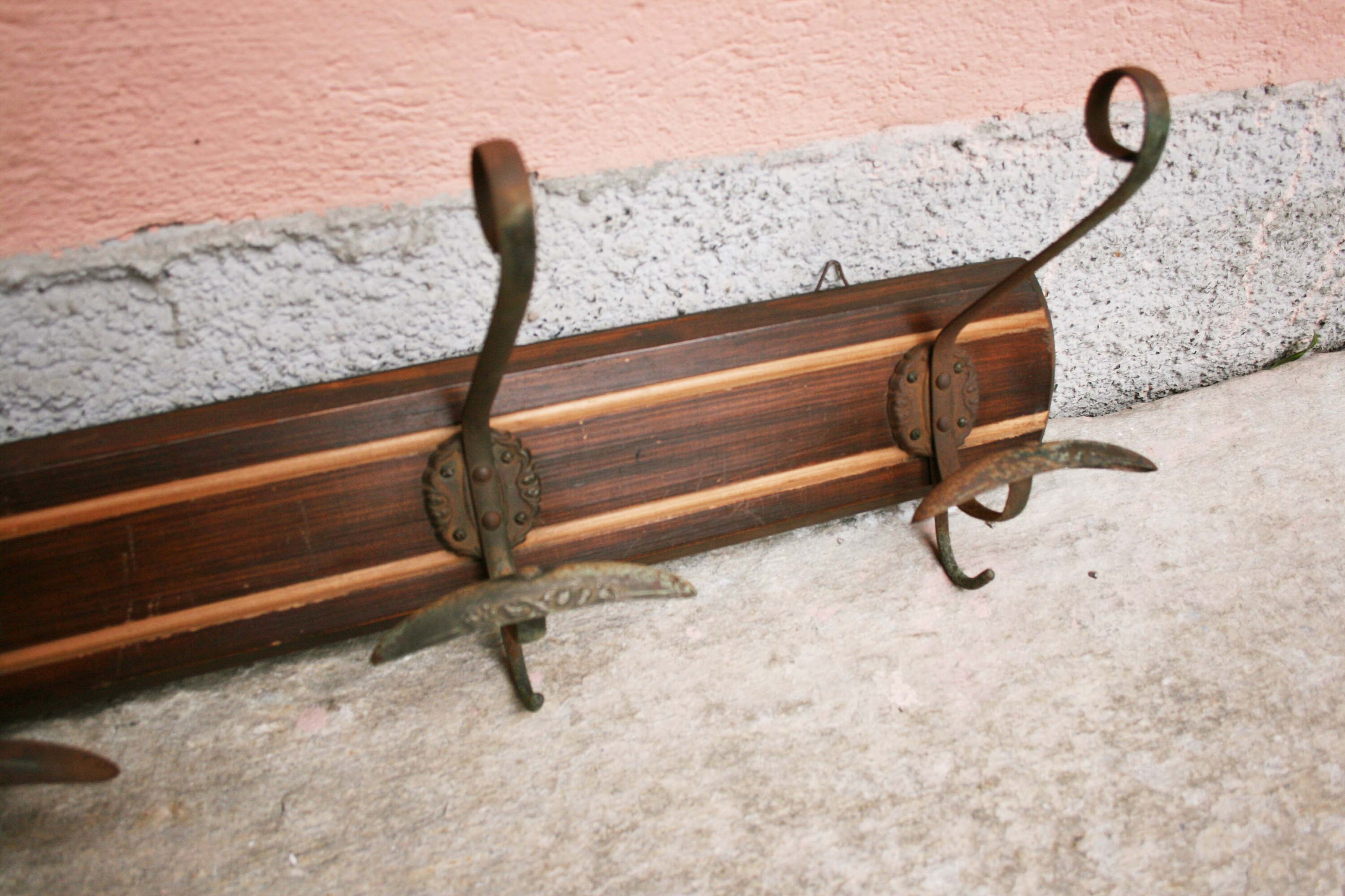 Antique 1930s Coat Rack, Handmade Wooden Coat Rack, Four Metal Hooks ...