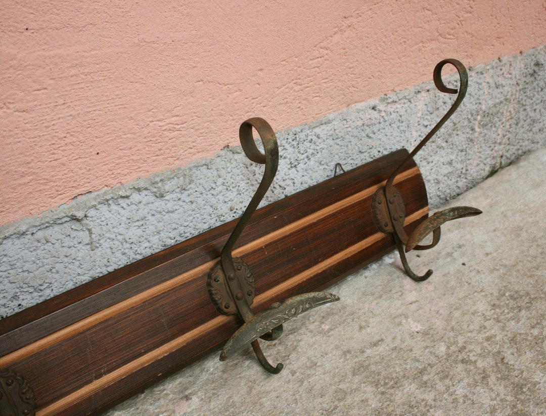 Antique 1930s Coat Rack, Handmade Wooden Coat Rack, Four Metal Hooks ...
