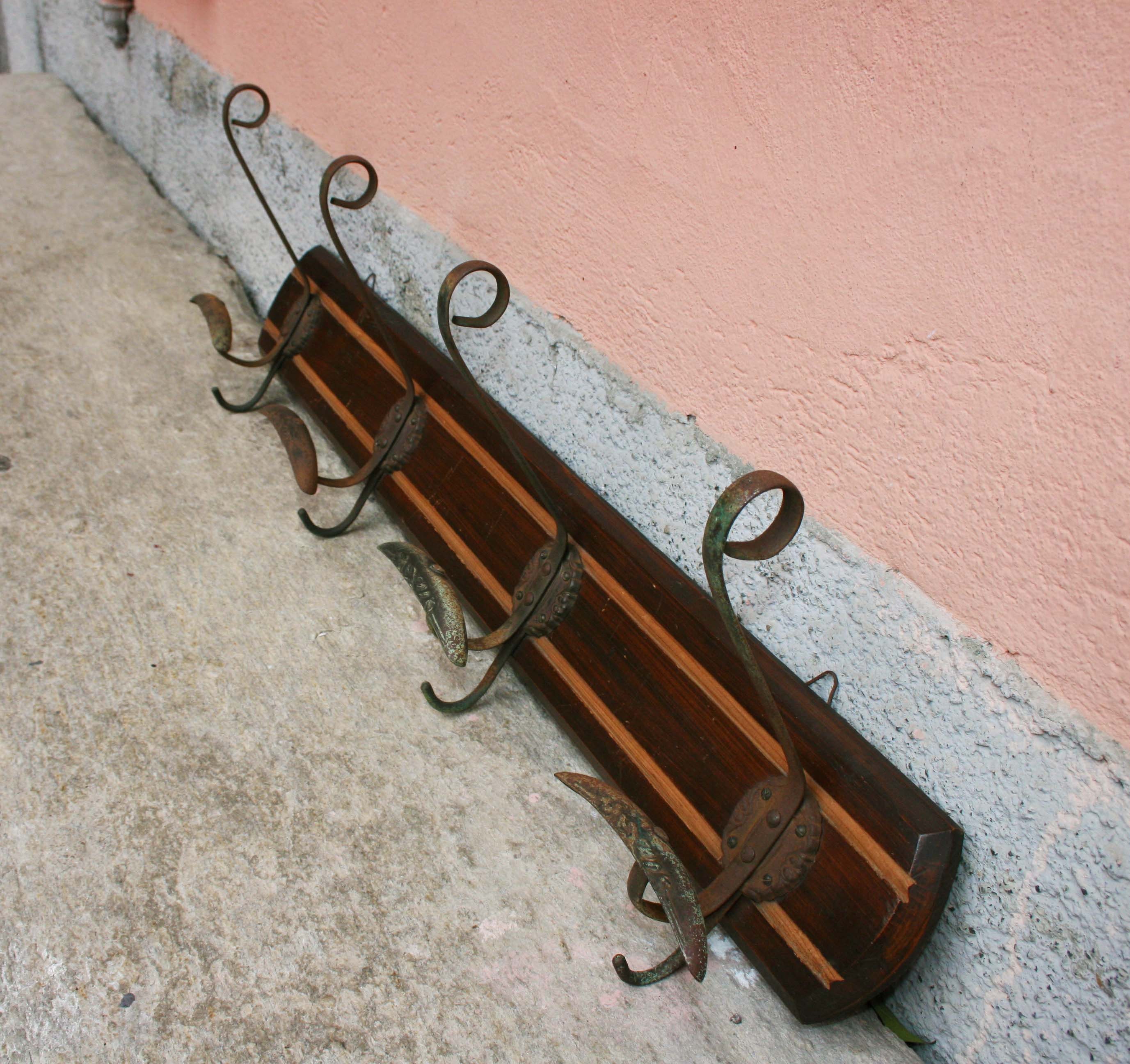 Antique 1930s Coat Rack, Handmade Wooden Coat Rack, Four Metal Hooks ...