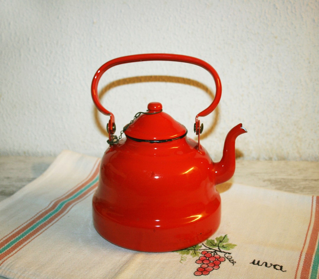 Vintage Enamel Red Kettle, Metal Teapot, Enamels, Coffee Pot, Farmhouse ...