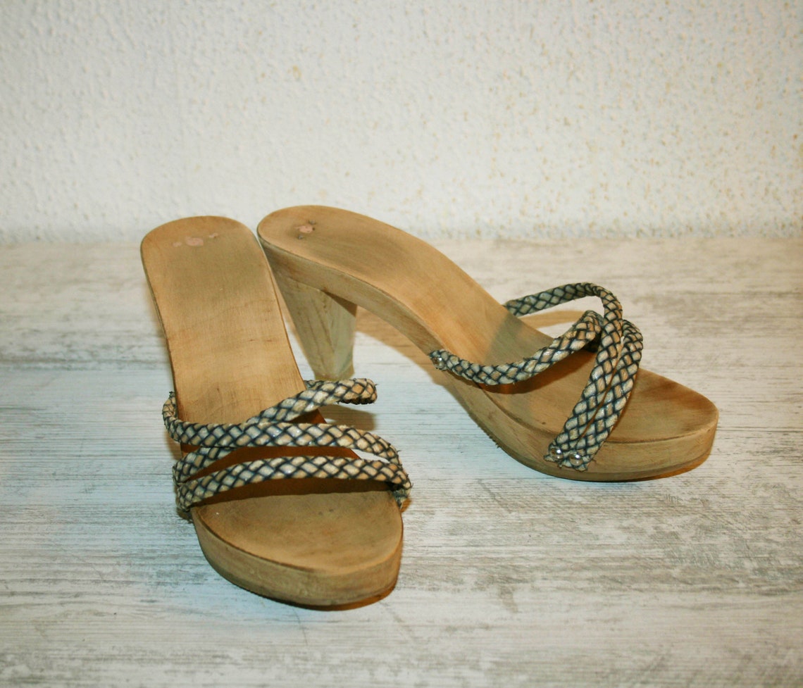 Handmade Clogs in Natural Wood With High Heel - Vintage Italian 80s ...