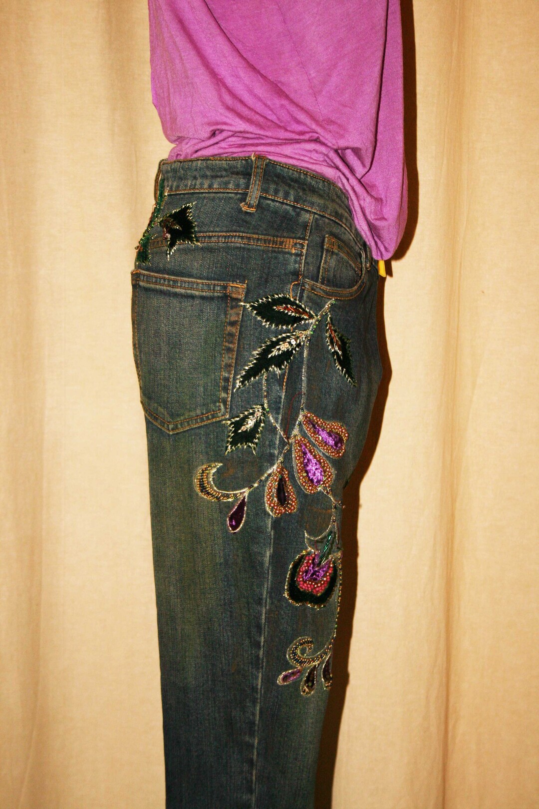 Embroidered Floral Denim Jeans, Women's Beaded Pants, Size XXL - Etsy