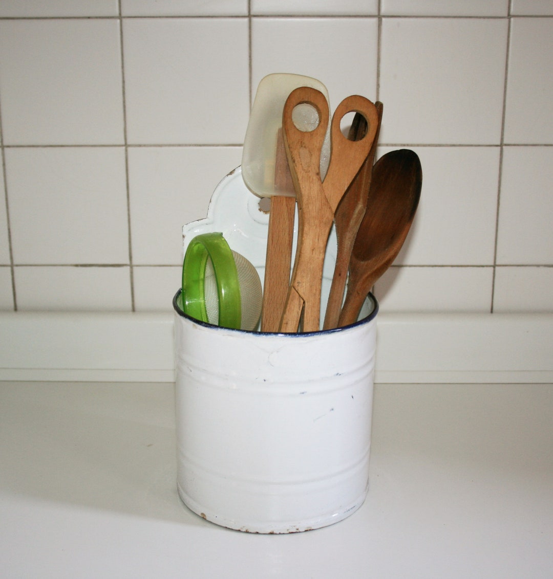 Spoon and Ladle Holder, Enamelled Tin/ White and Blue/ Kitchen ...