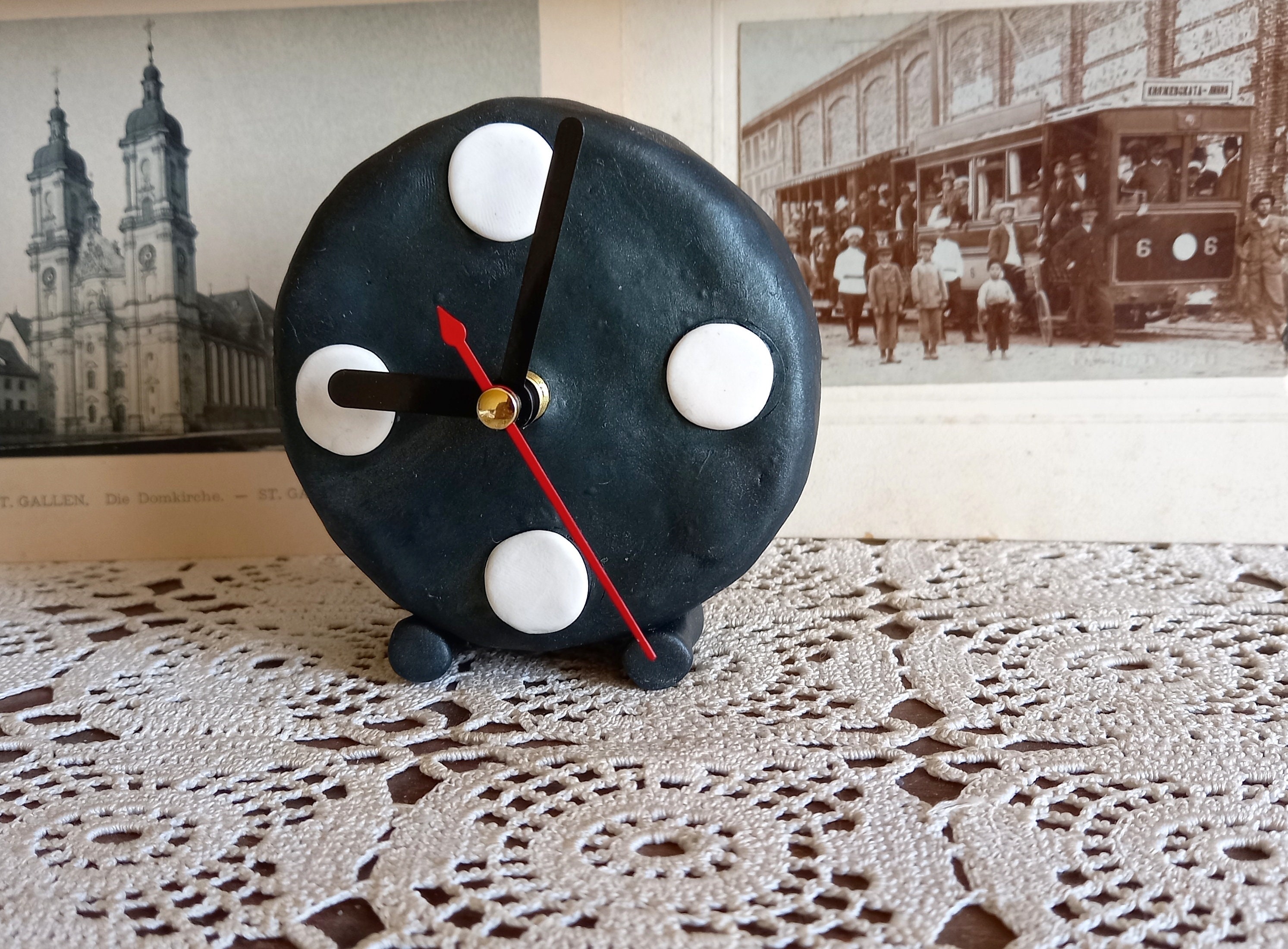 Desk Clock, Art Clock, Vintage Style, Polymeric Clay Clock, Handmade ...