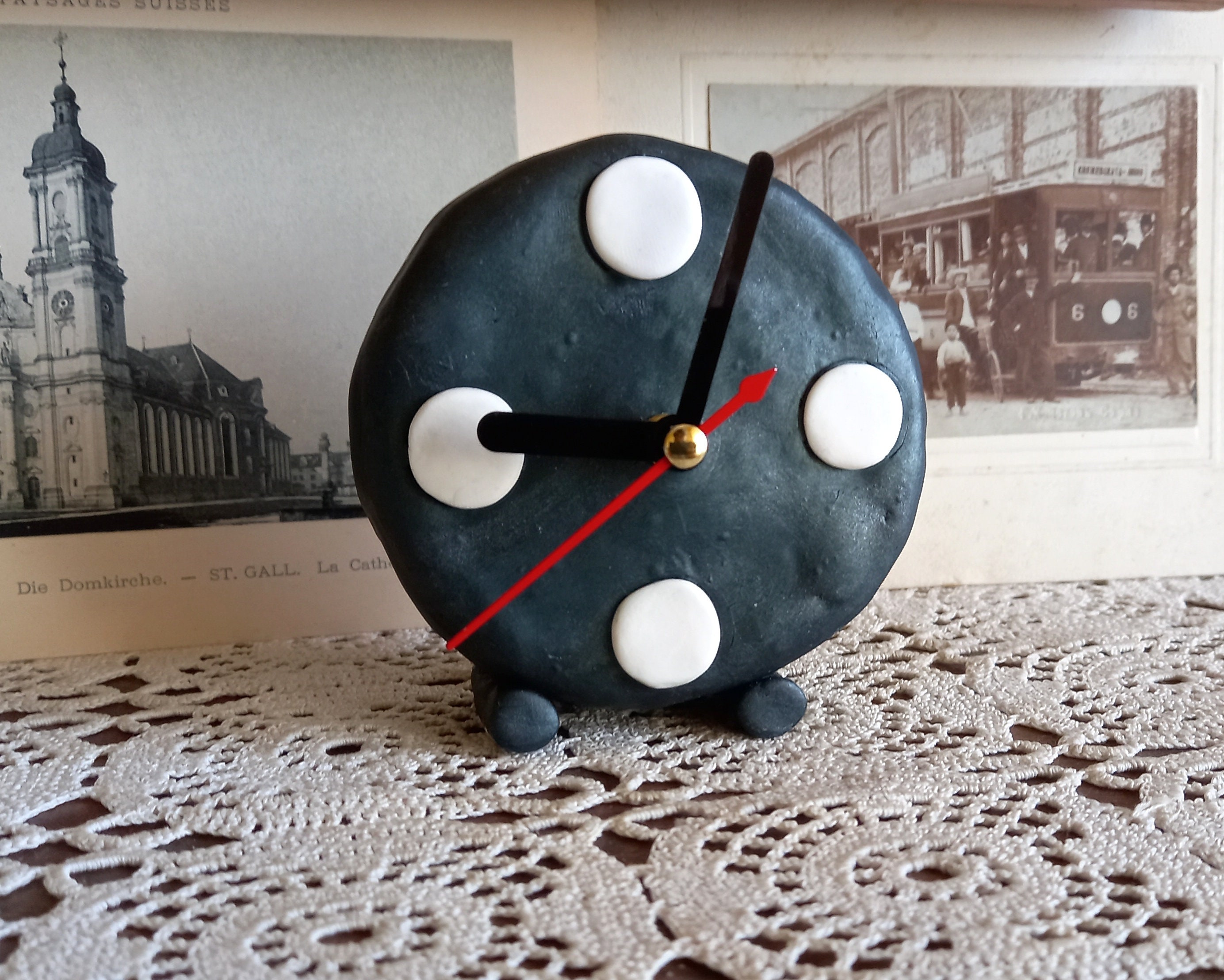 Desk Clock, Art Clock, Vintage Style, Polymeric Clay Clock, Handmade ...