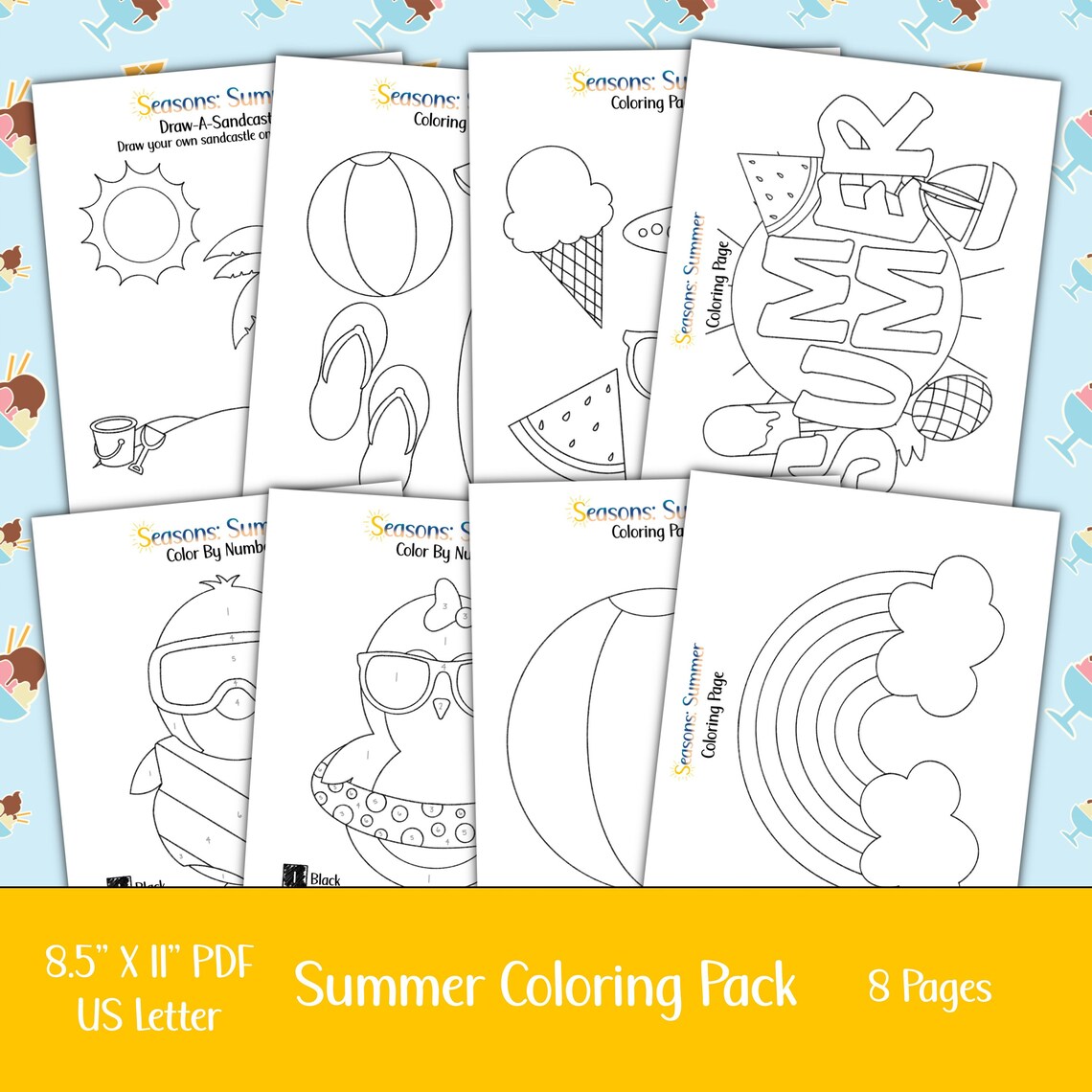 Summer Coloring Pack for Kids, Kids Digital Coloring Pages, Color by ...