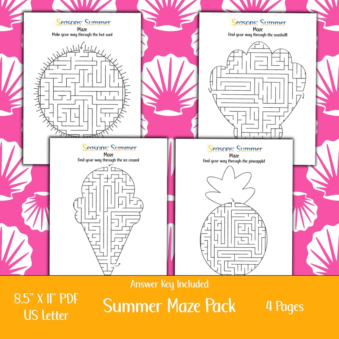 Summer Printable Maze Pack for Kids | Sunshine Maze PDF | Seashell ...