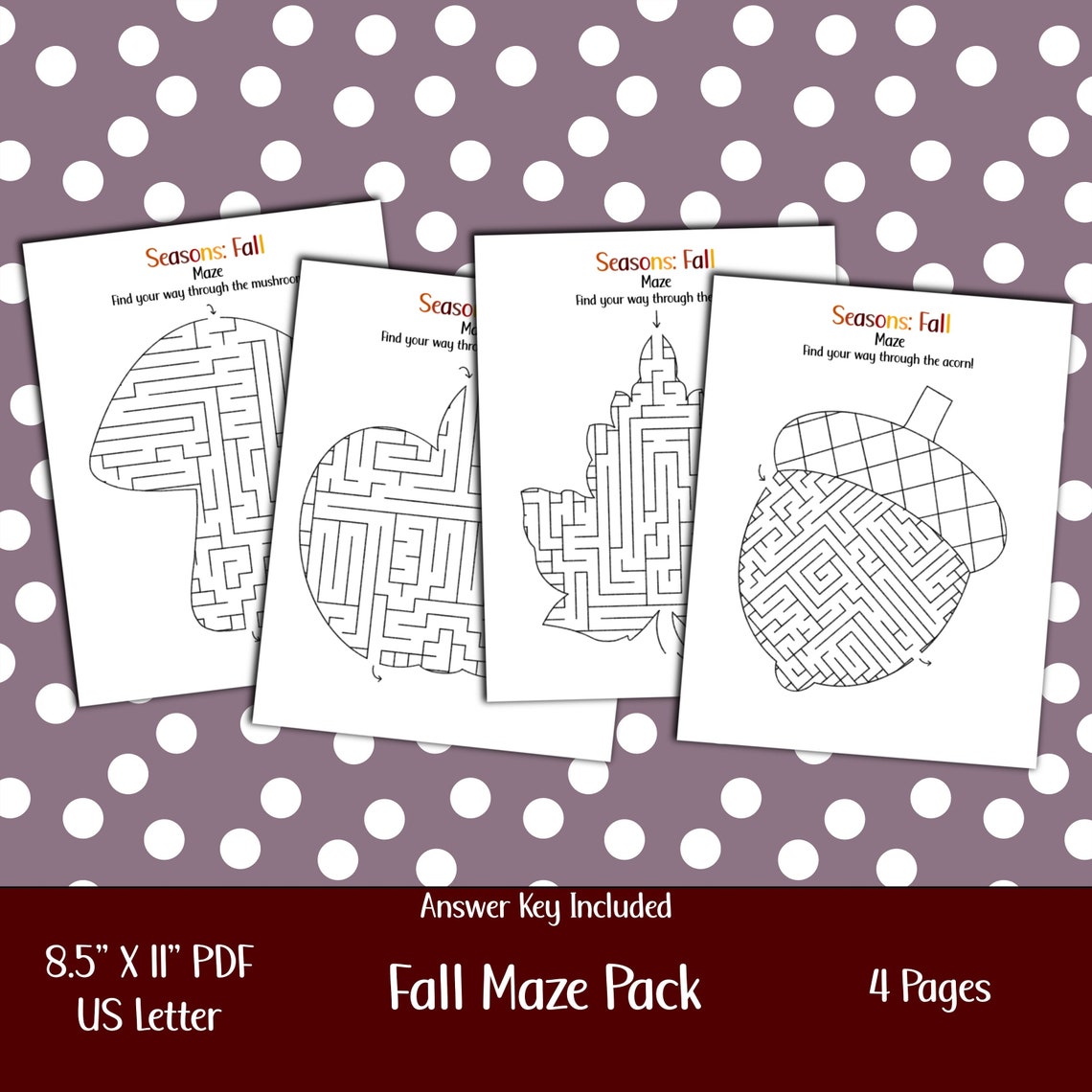Fall Printable Maze Pack for Kids Seasonal Autumn Maze Bundle PDF ...