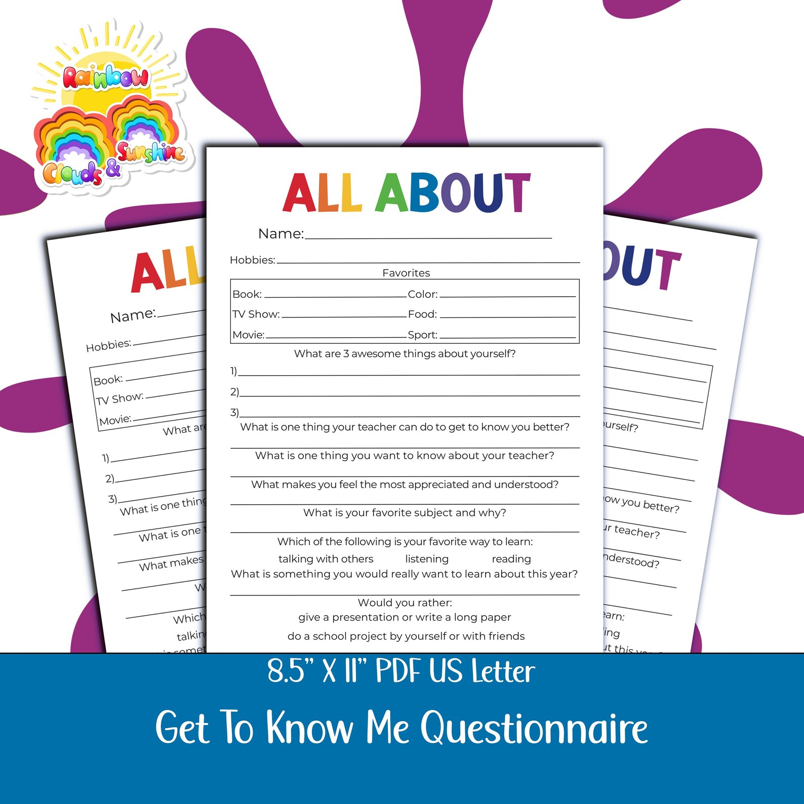 Get to Know Me Questionnaire PDF, All About Me Survey for Kids ...