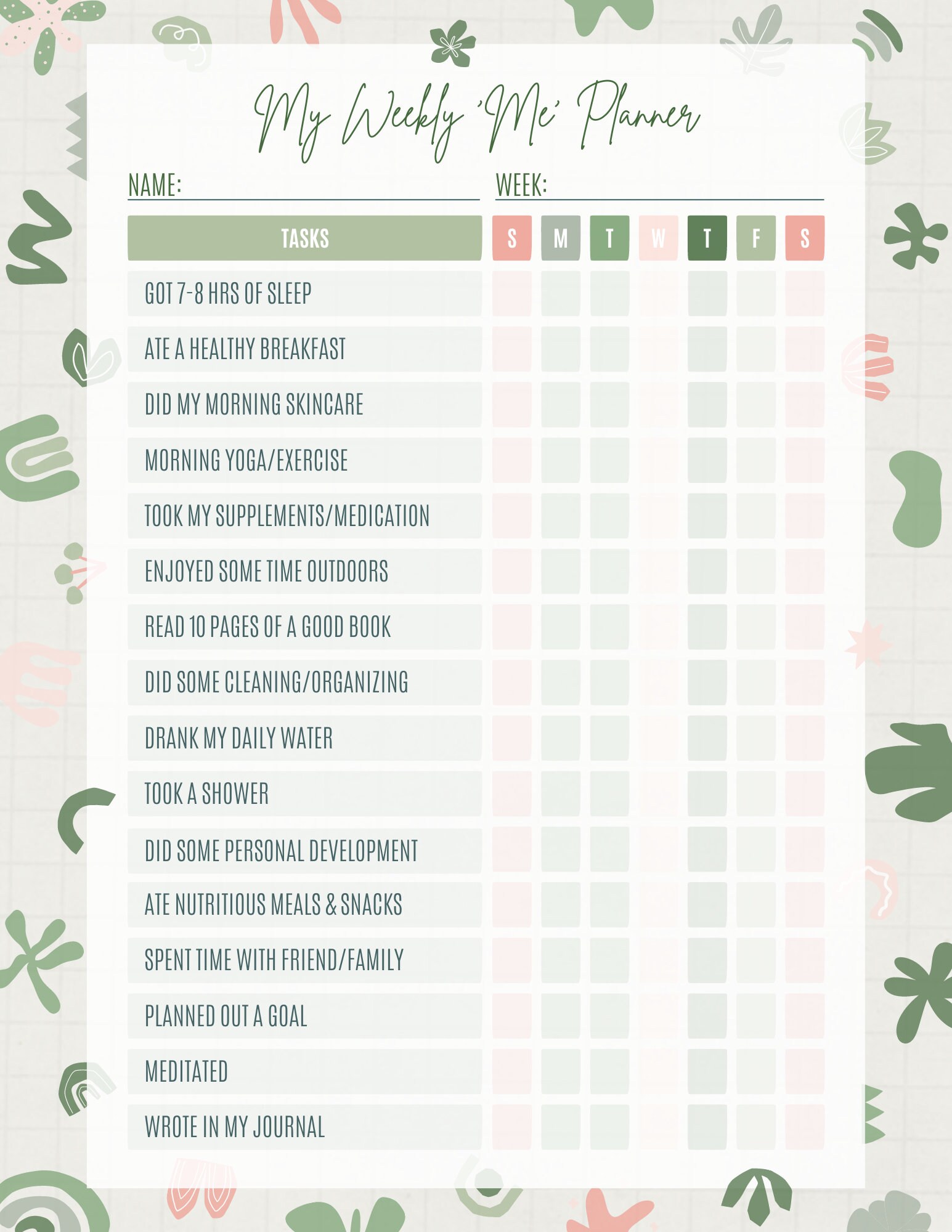 Weekly Self Care Planner, My Weekly ME Planner, Digital, Printable ...