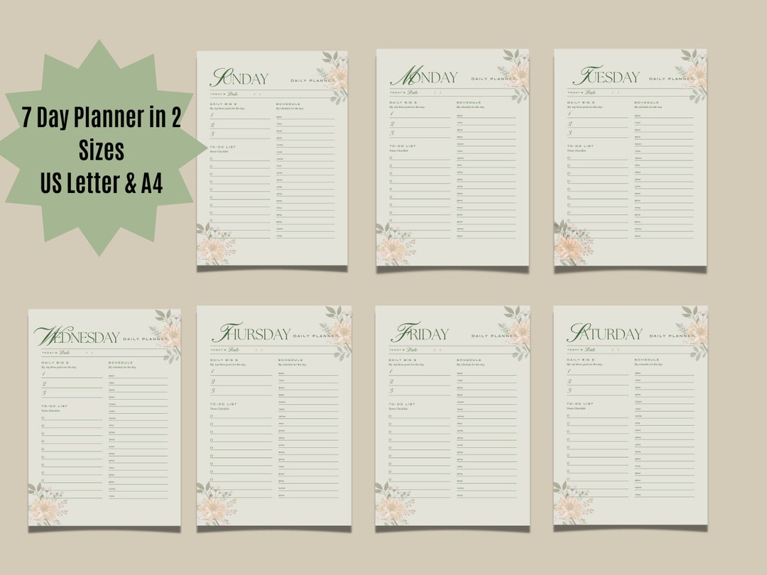 7 Seven Day Daily Weekly Printable Downloadable Digital Planner - Etsy