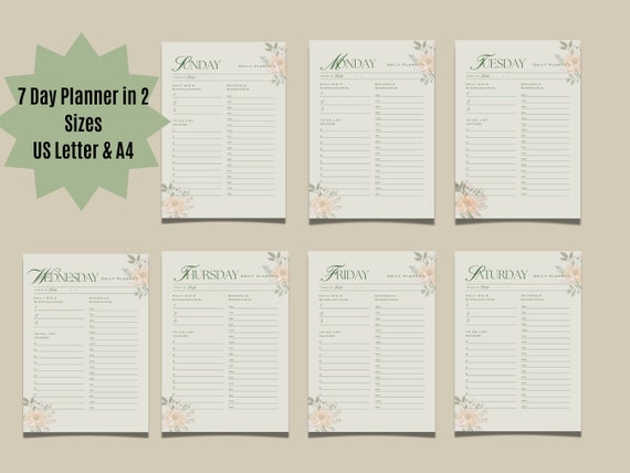 7 Seven Day Daily Weekly Printable Downloadable Digital - Etsy