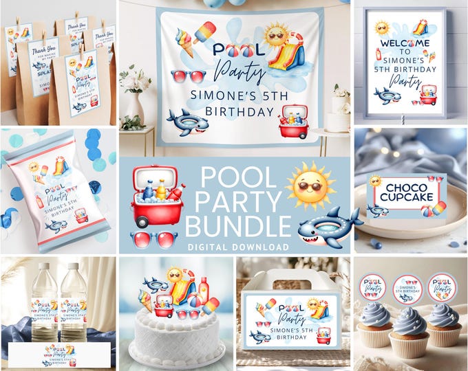 Pool Party Birthday Kit DIGITAL | Beach Summer Blue Party Bundle Set ...