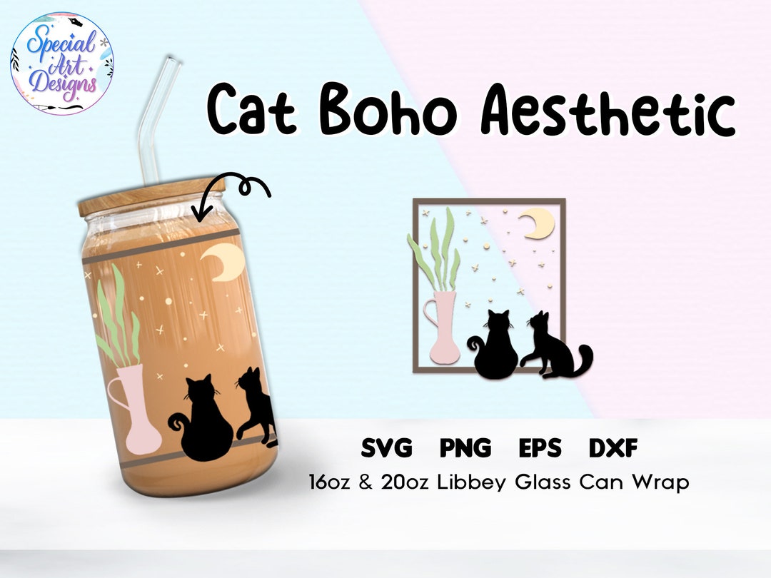 Cat Boho Aesthetic | Libbey Can Glass | 16oz | 20oz Can Glass | Cat Mom ...