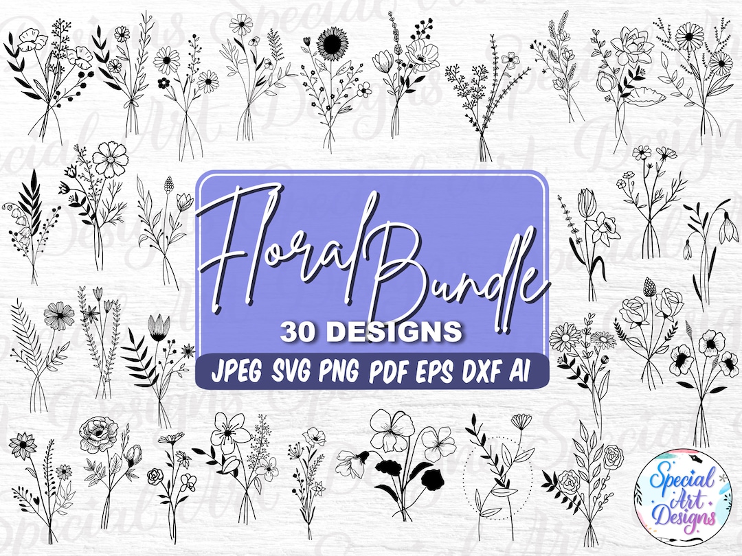 Hand-drawn Floral SVG Bundle: Flower Bouquet Designs (digital Download ...