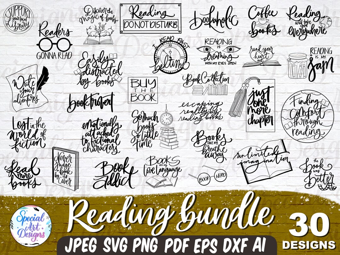 Reading SVG Bundle: Book Lover Quotes, Library Designs (digital ...