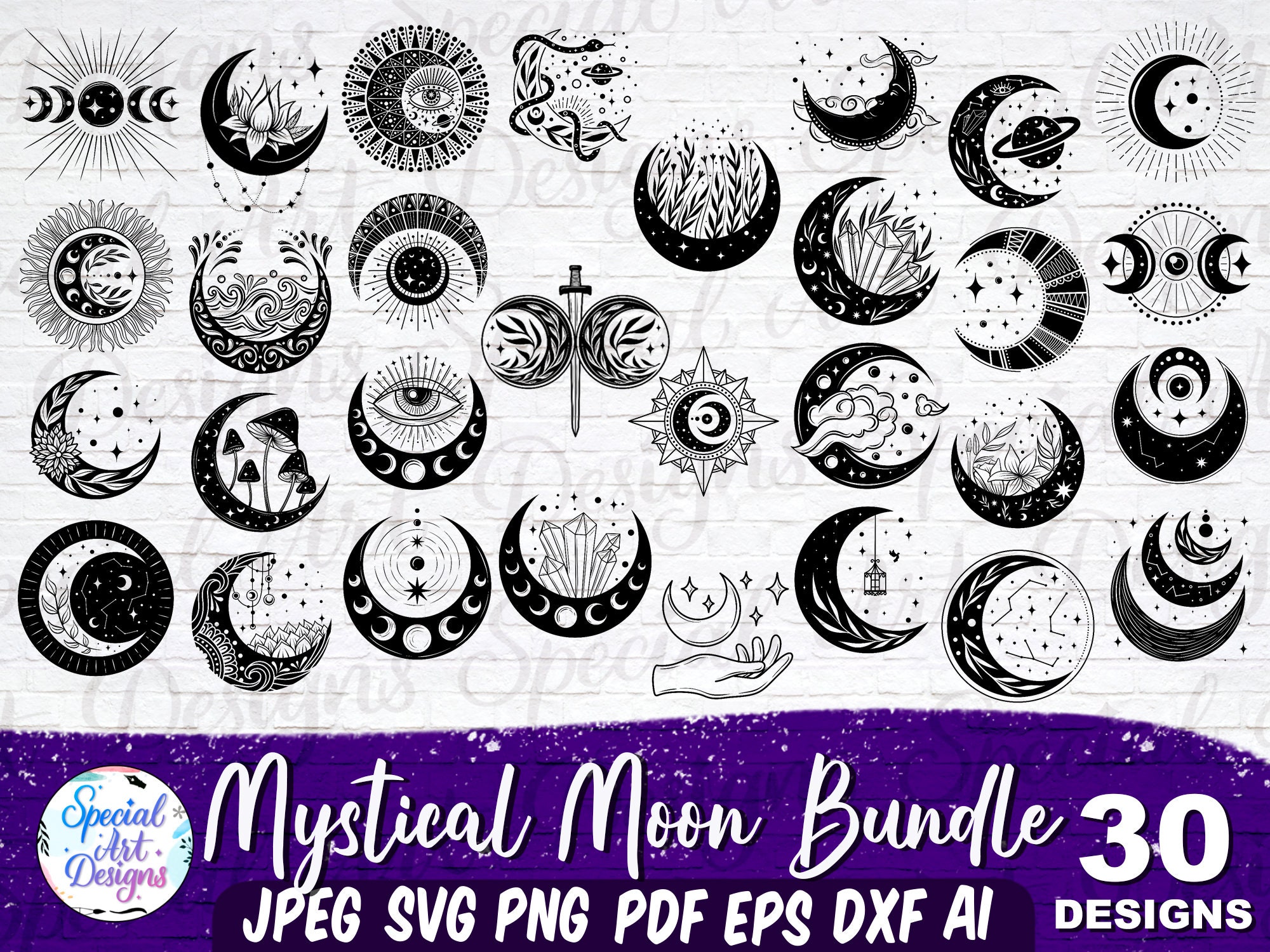 Mystical Moon Svg, Mystical Moon Clipart, Crystal Moon Svg, Celestial ...