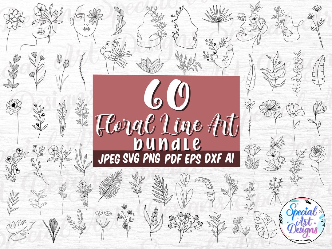 Floral Line Art SVG Bundle: Minimalist Flower Designs (commercial Use ...