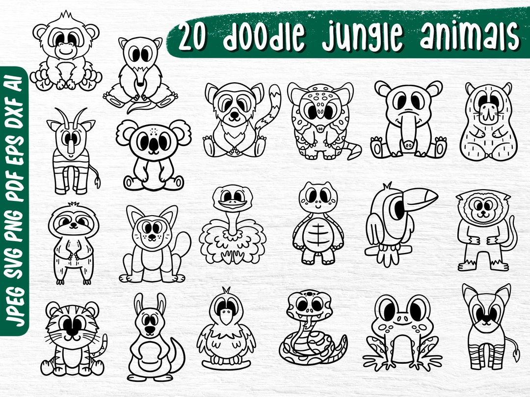 Jungle Animal Doodle Bundle Svg | Jungle Animals Cut Files | Doodle ...