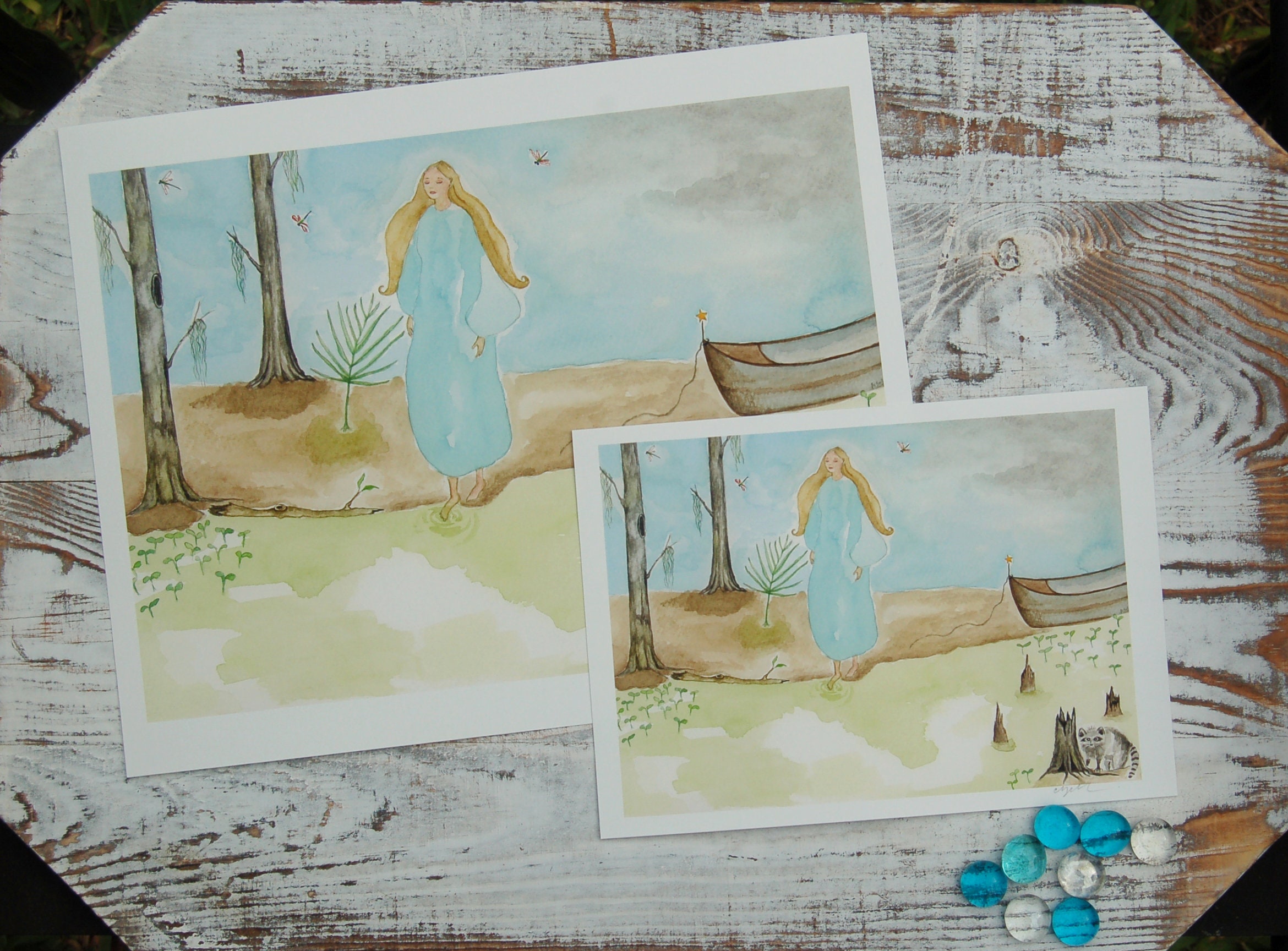 Swamp Print- Woman in Enchanted Swamp With Racoon and Magical Boat ...