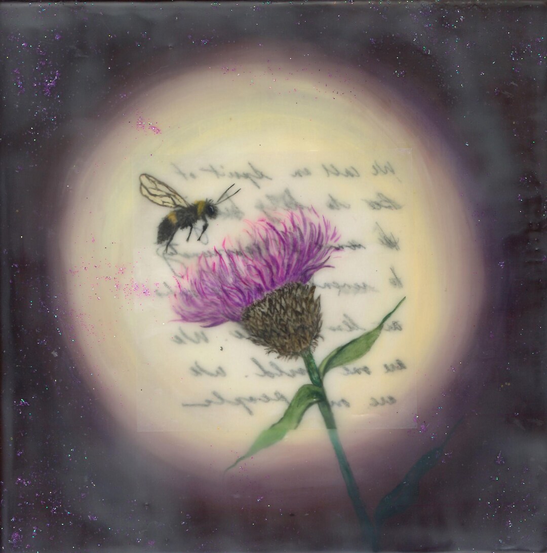 Bee on Thistle, Bee Art, Nature Art, Encaustic Painting, Ethereal ...