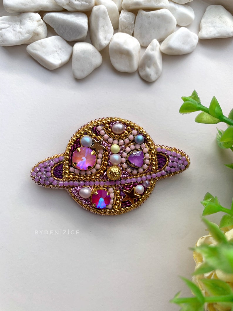 Handmade Embroidered Planet Brooch: Rhinestone & Pearl Jewelry - Etsy
