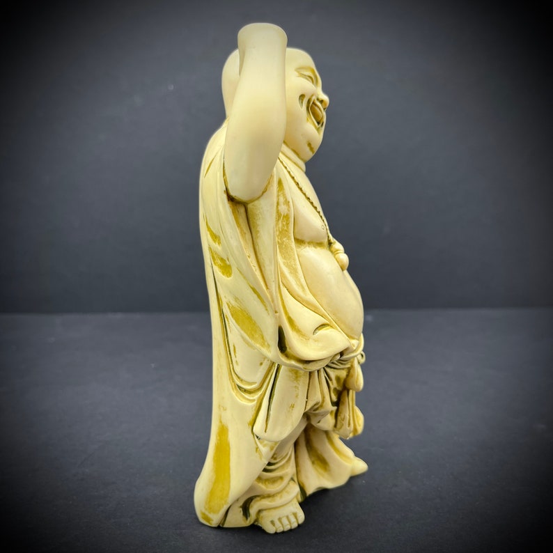 Chinese Happy Laughing Buddha Statue Ivory Resin Figurine Picking Ear ...