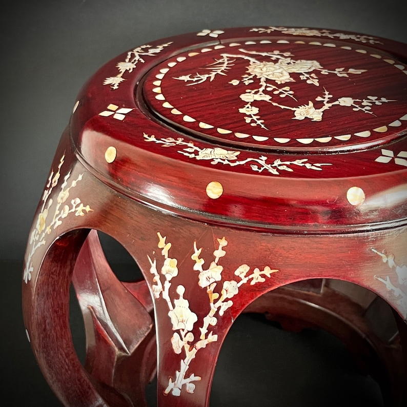 Chinese Wood Stool Mother of Pearl Inlay Barrel Drum Garden Seat End ...