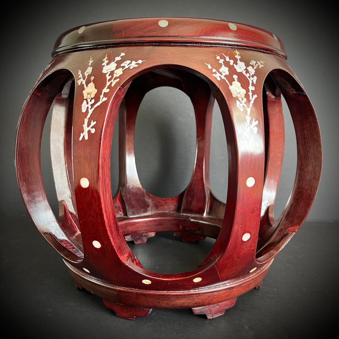 Chinese Wood Stool Mother of Pearl Inlay Barrel Drum Garden Seat End ...