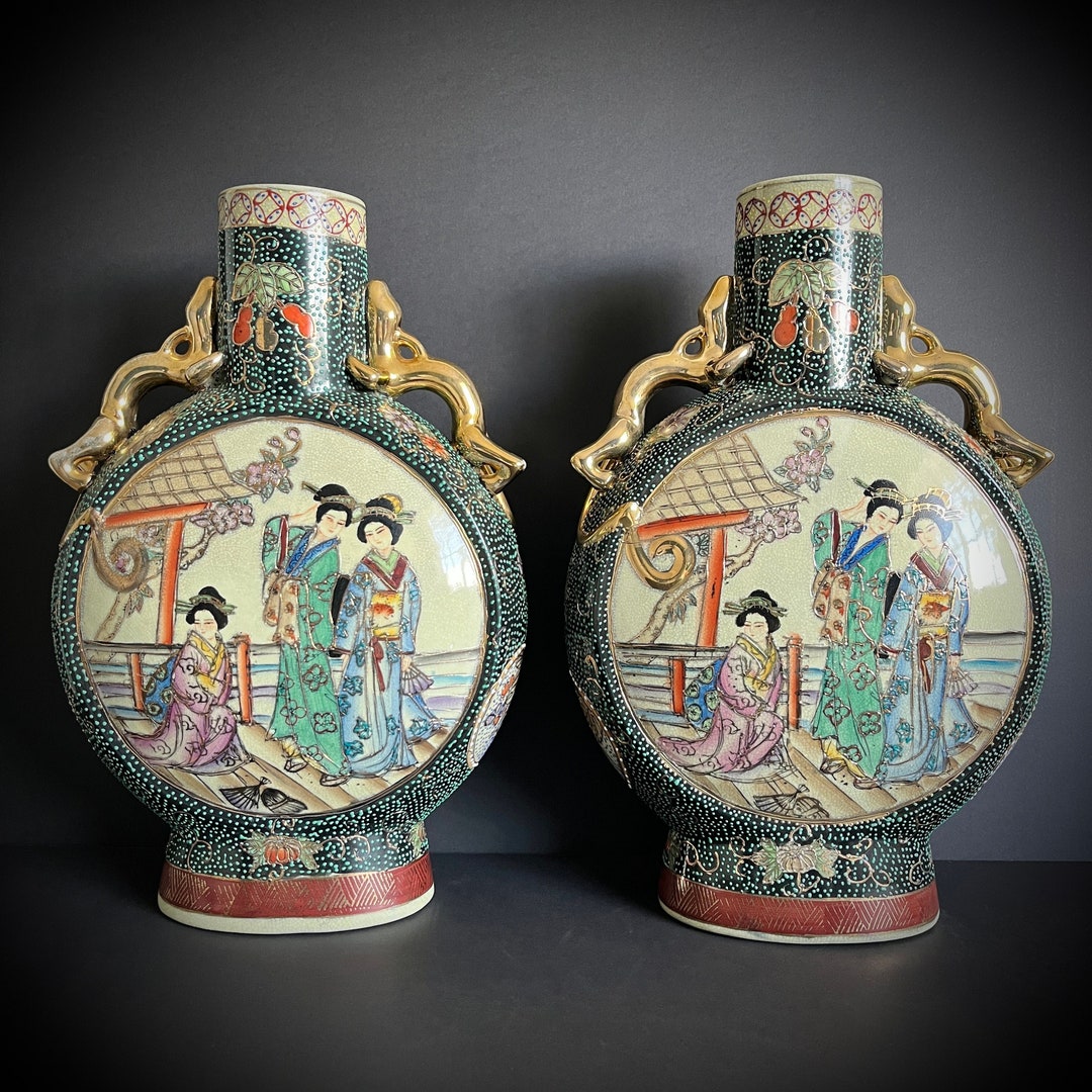 Pair of Large Chinese Moon Flask Vases Porcelain Royal Satsuma Ceramic ...