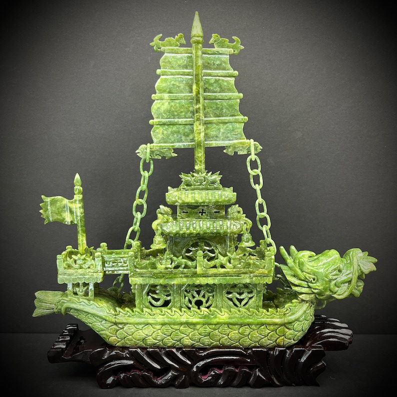 Chinese Green Jade Dragon Boat – Natural Stone Ship Sculpture With Wood ...