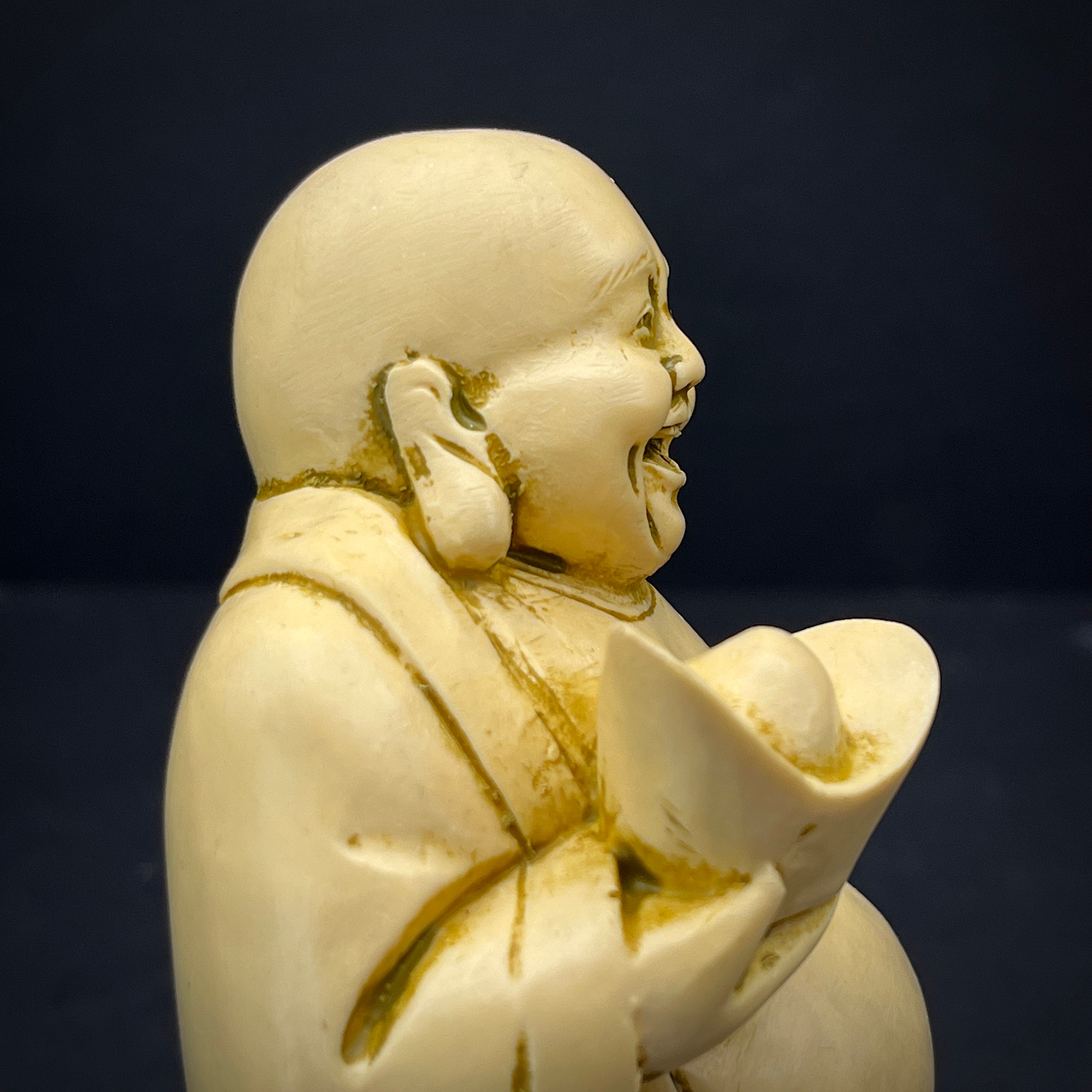 Chinese Happy Laughing Buddha Figurine Ivory Resin Statue Gold Ingot ...