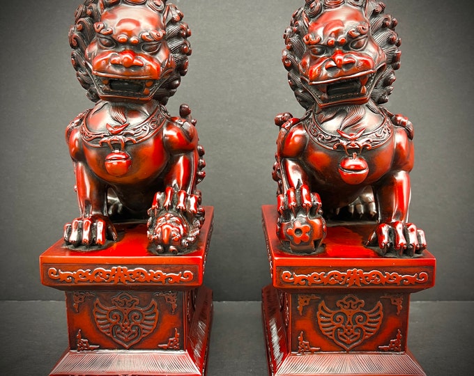 Pair of Chinese Fu Lions Fu Dogs Figurines Statues Guardian Foo Lions ...