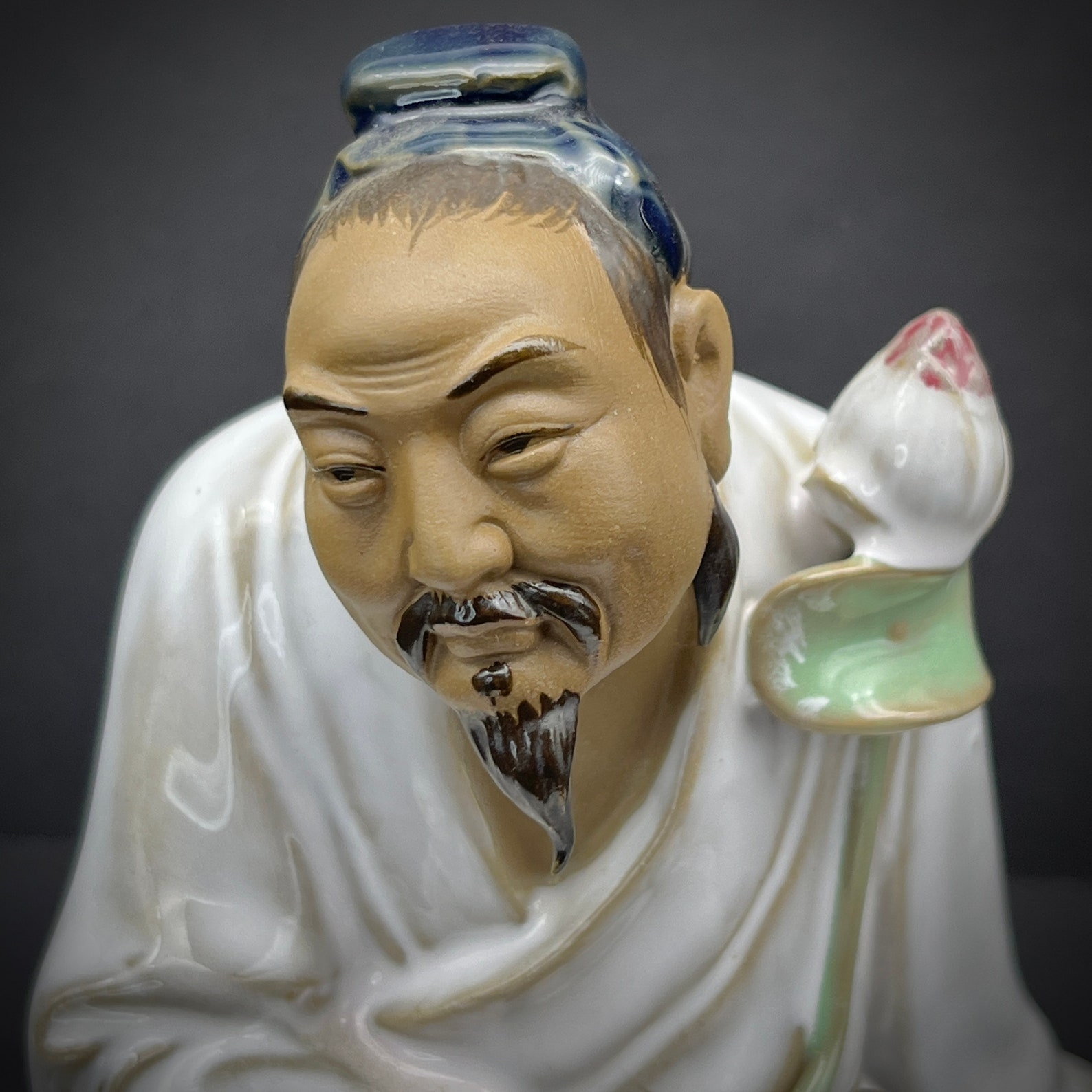 Shiwan Chinese Mudman Lotus Flower White Robe Porcelain Figurine Zhou ...