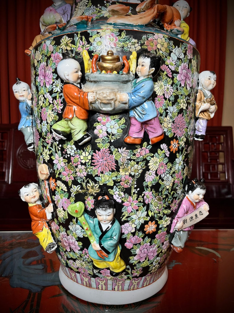 Large Chinese Porcelain Longevity Vase – 9 Children Figures, Shou Xing ...