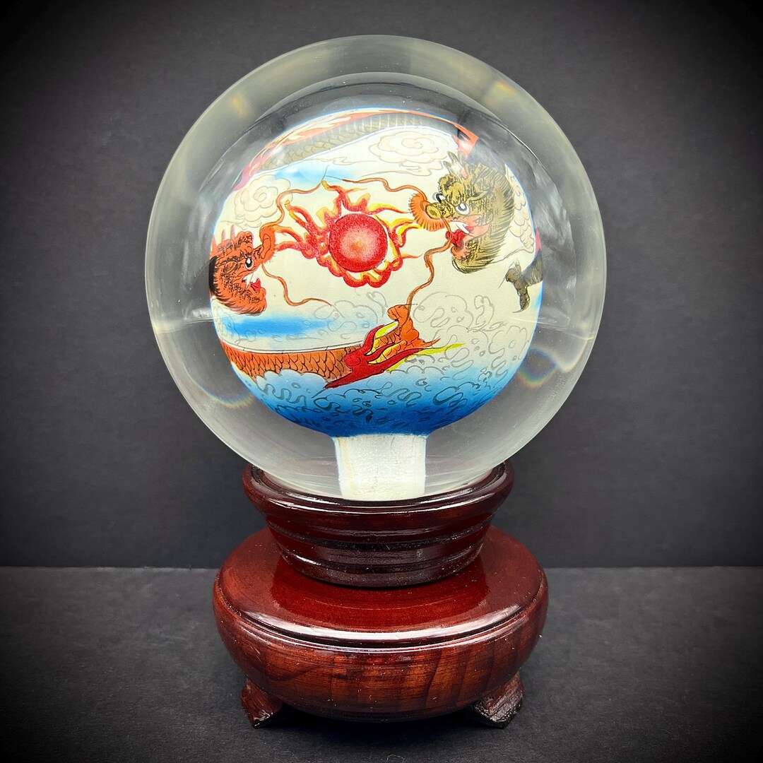 Chinese Double Dragon Glass Globe on Rotating Wood Stand Base Chasing ...