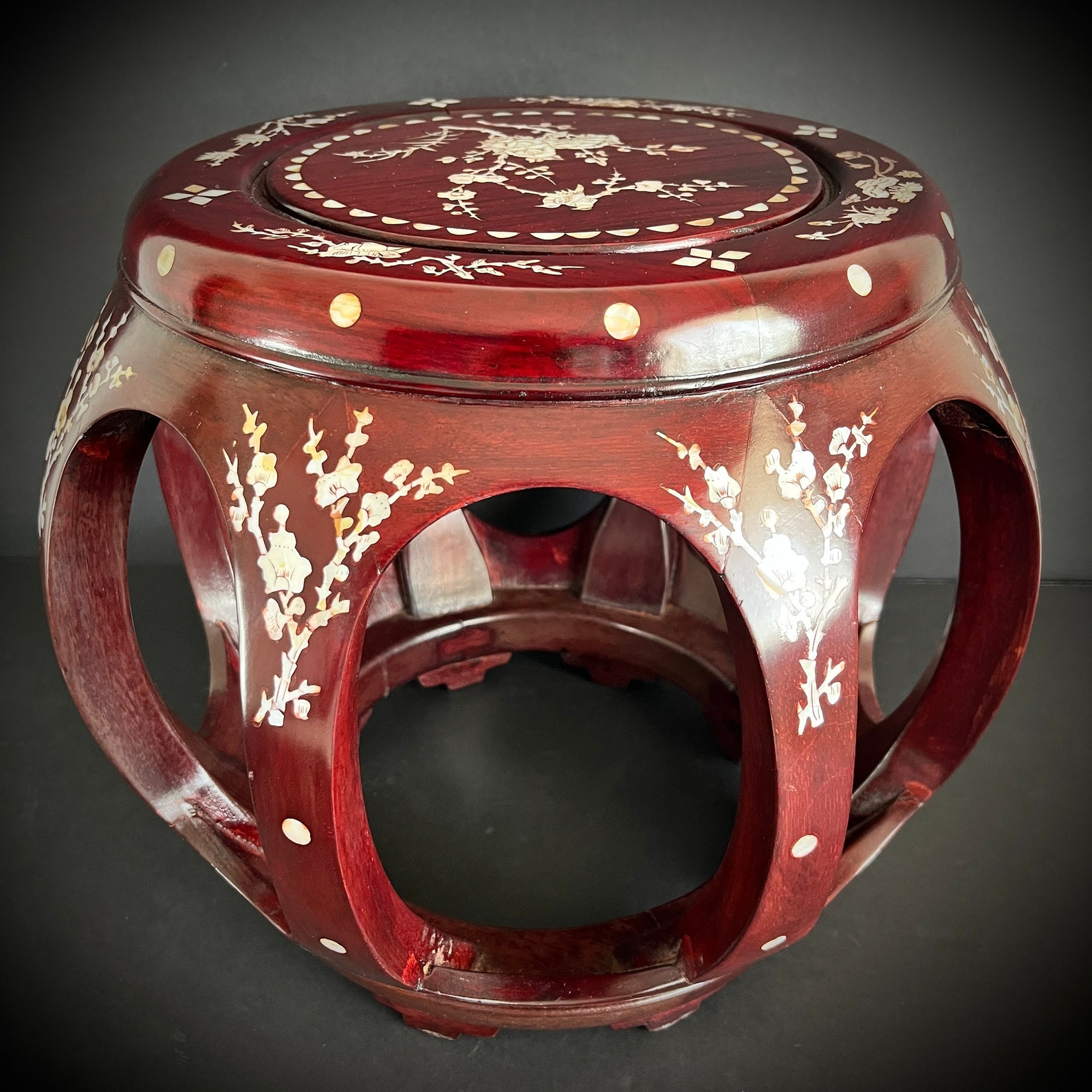 Chinese Wood Stool Mother of Pearl Inlay Barrel Drum Garden Seat End ...