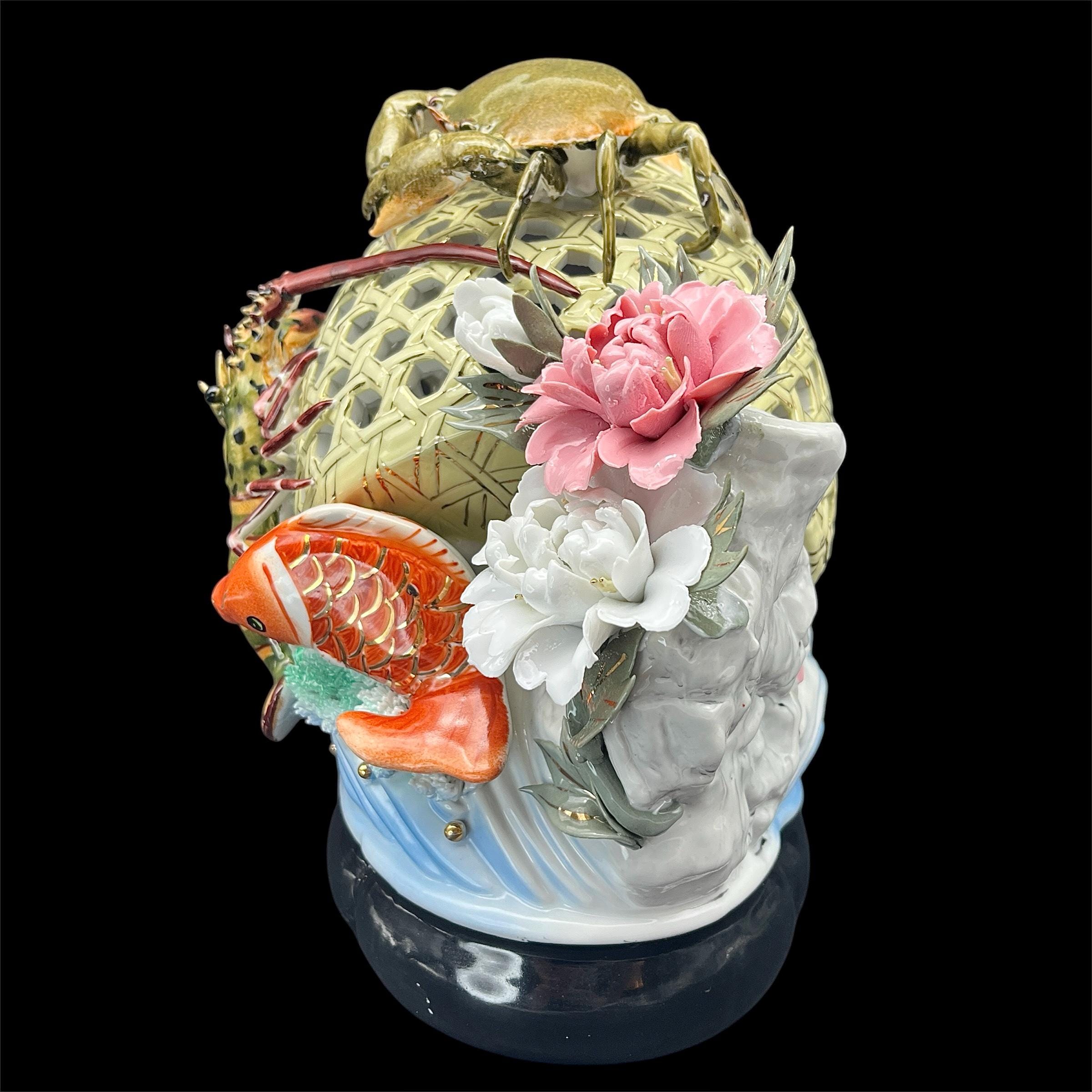 Porcelain Crab Lobster Basket Vase Sculpture, Koi Fish, Flowers, Ocean ...