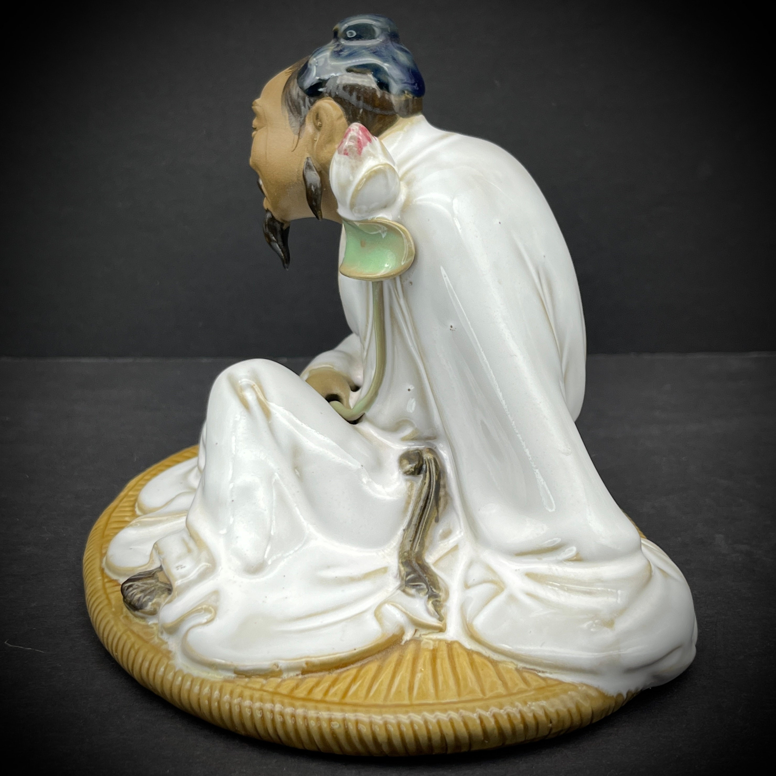 Shiwan Chinese Mudman Lotus Flower White Robe Porcelain Figurine Zhou ...