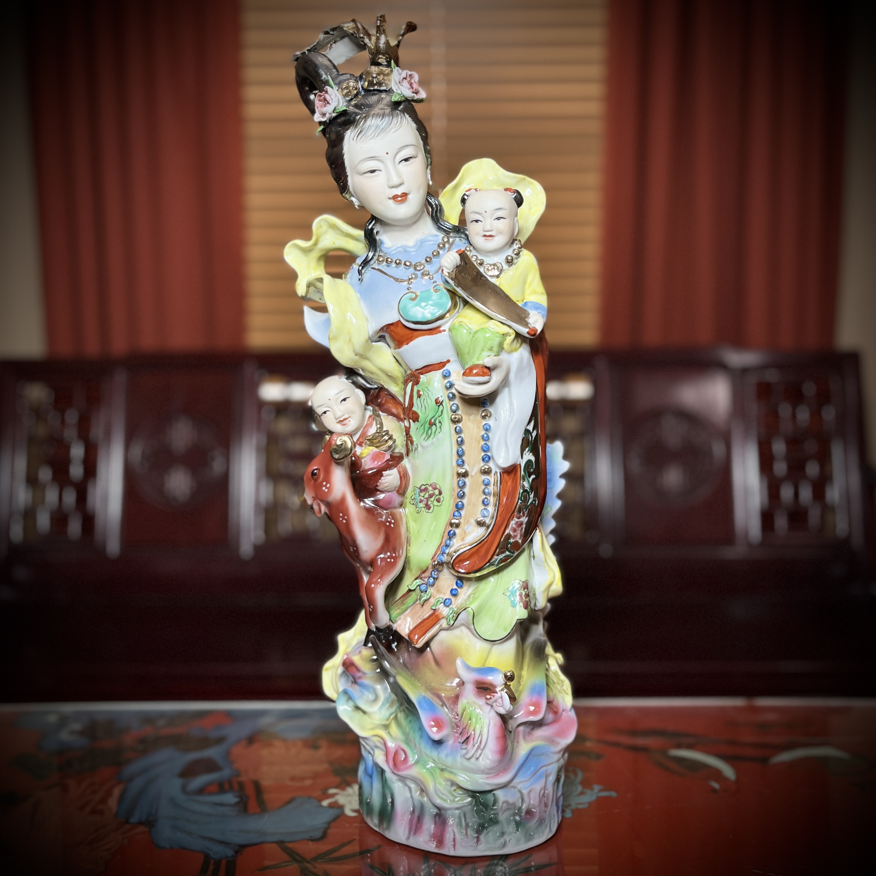 Large Chinese Goddess Magu Porcelain Statue 2 Children Deer Phoenix ...