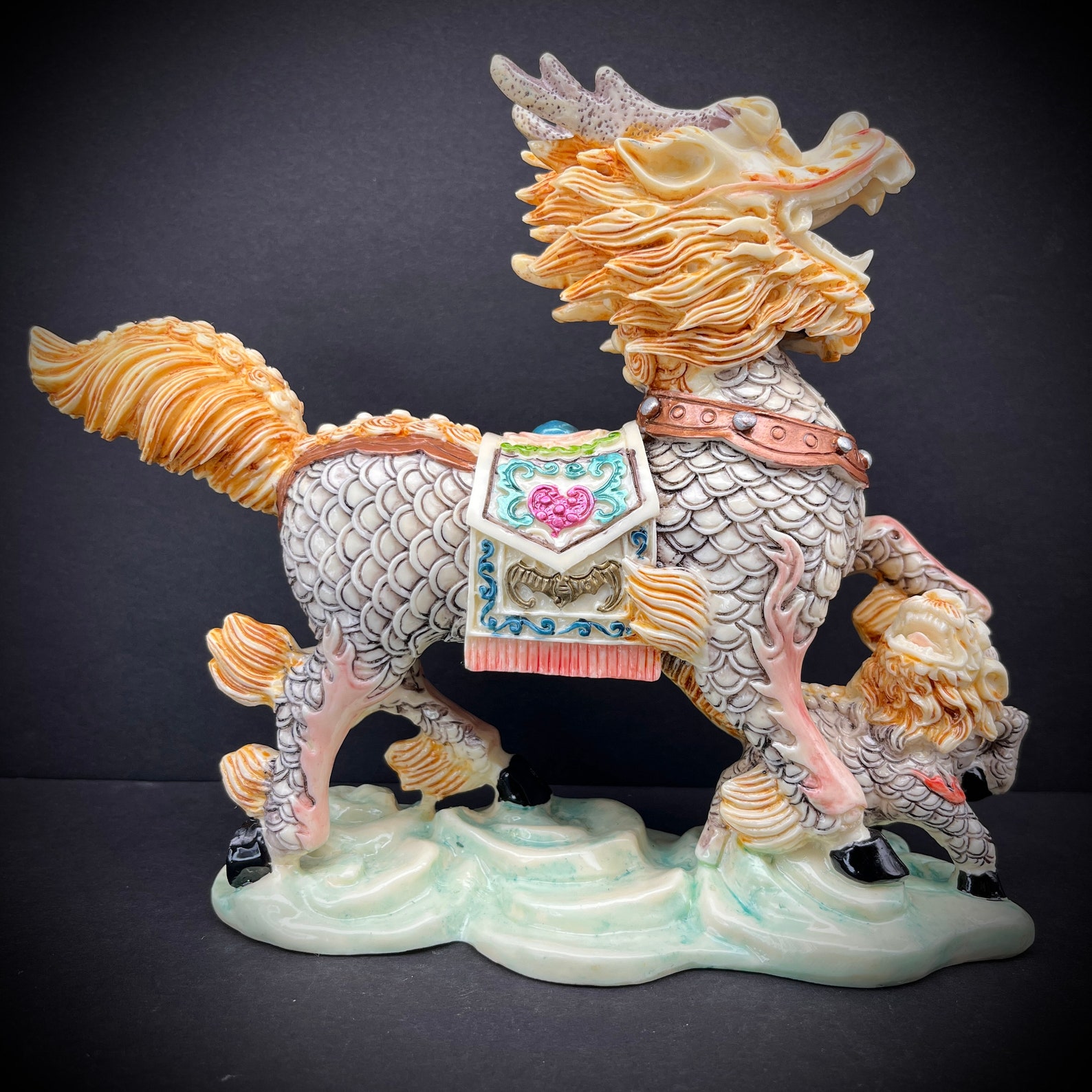 Pair of Chinese Kirin Qilin Pixiu Statues Wucai Dragon Deer Horse Ivory ...